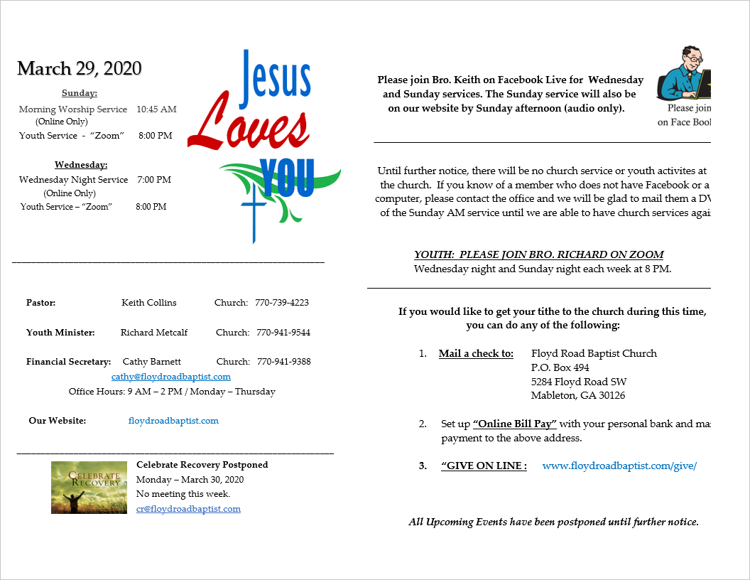 Bulletin and Calendar - Floyd Road Baptist Church - Austell, GA