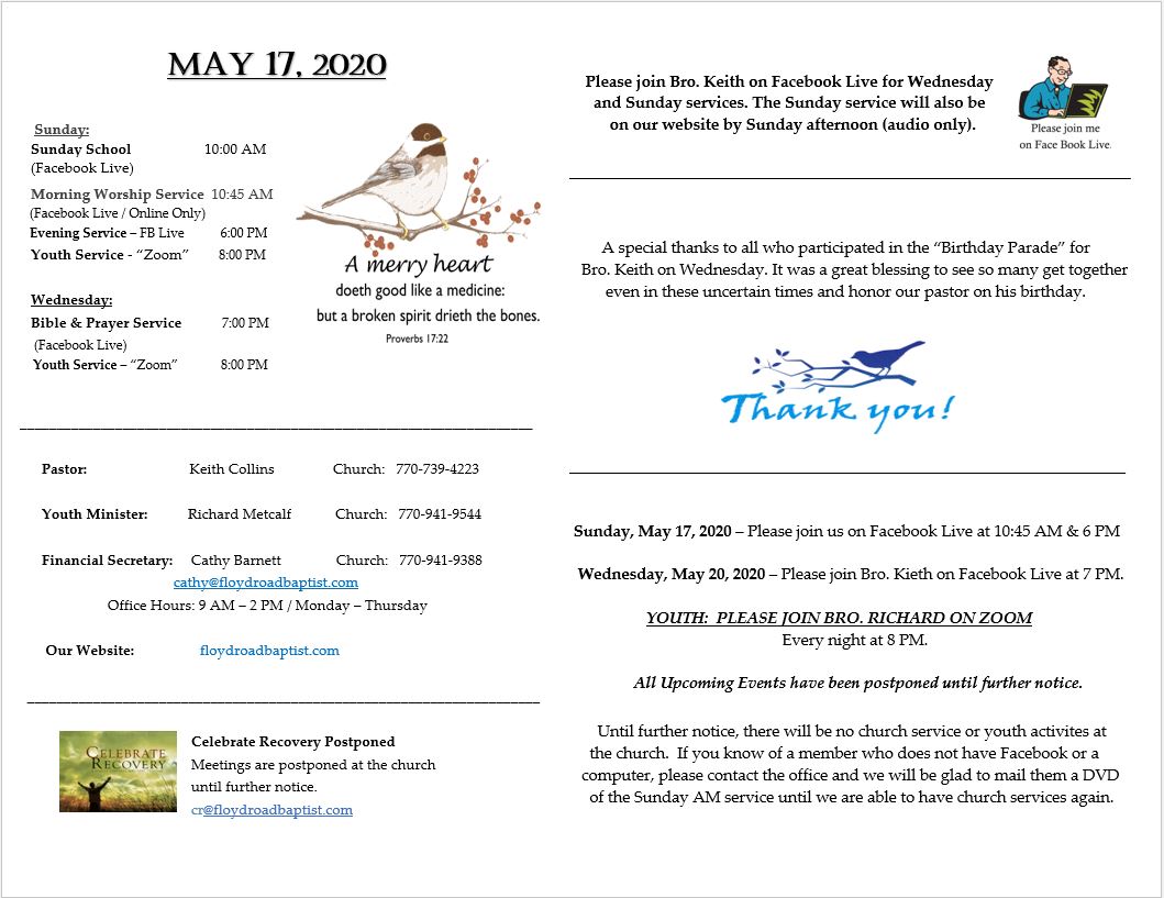 Bulletin and Calendar - Floyd Road Baptist Church - Austell, GA