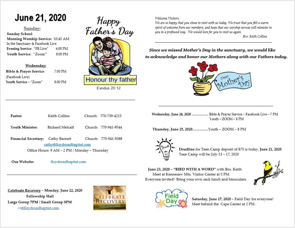 Bulletin and Calendar - Floyd Road Baptist Church - Austell, GA